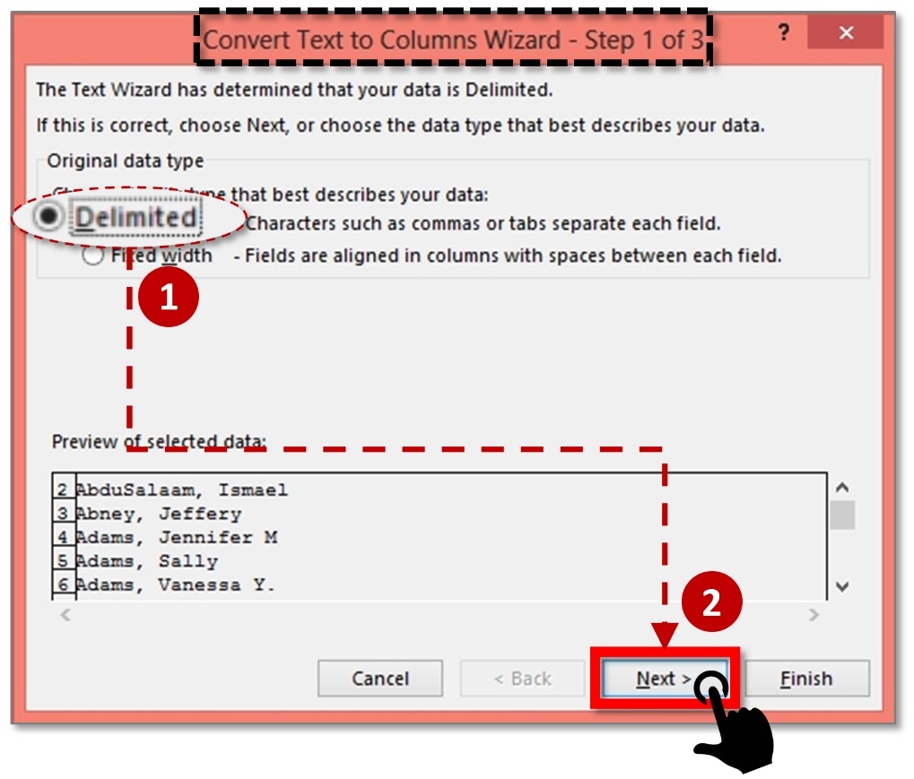 Choose The Delimited Option Convert Text To Columns Wizard Step 1 Of