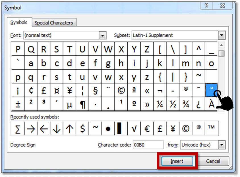 Insert Symbol Dialog Box To Insert Or Type Degree Symbol In Excel Yodalearning